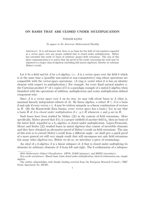 Pdf On Bases That Are Closed Under Multiplication