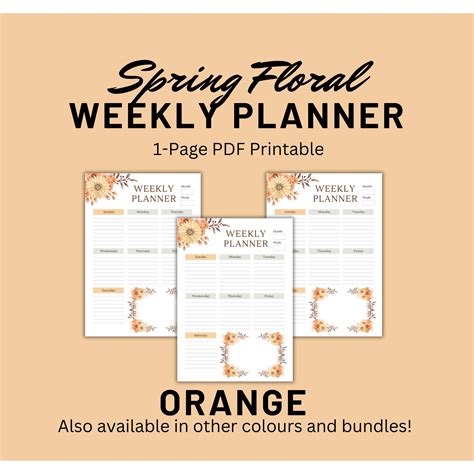 Orange Flower Weekly Planner Printable Etsy