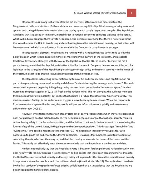 Sgrant Writing Sample Stump Speech Analysis Pdf