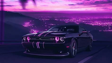 Black Dodge Challenger Car City View Purple Sky Vaporwave 4k 5k Hd