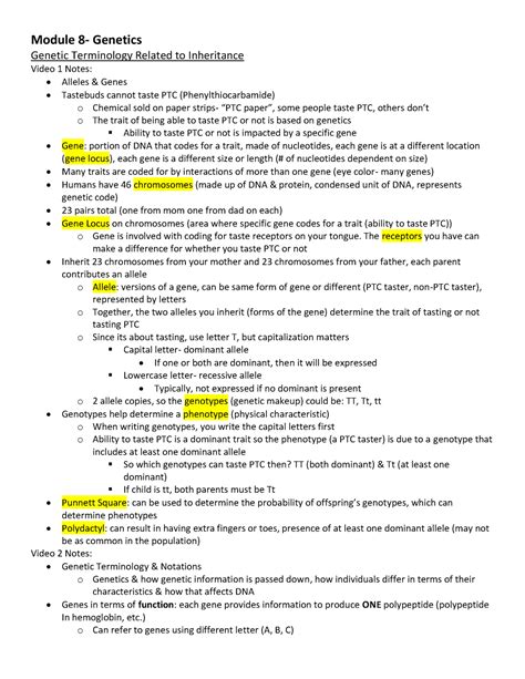 Module 8 Notes Genetics Module 8 Genetics Genetic Terminology Related To Inheritance Video 1