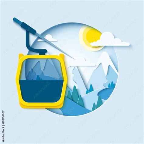 Ski Cableway Paper Cut Banner Winter Mountain Paper Landscape