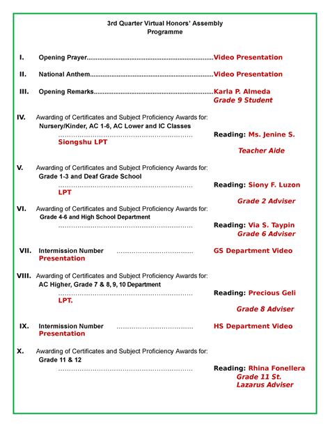 2nd Quarter Programme 3rd Quarter Virtual Honors Assembly