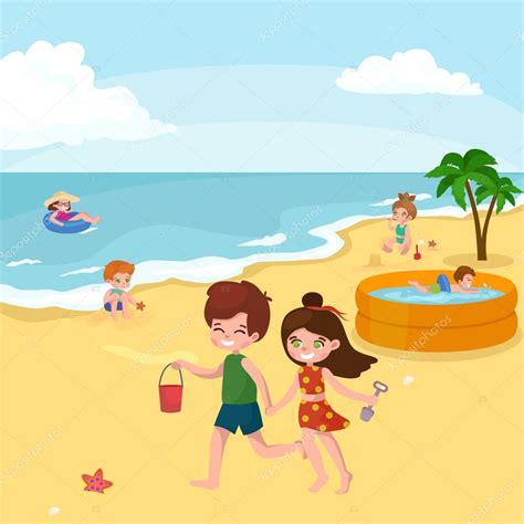 Diversión En La Playa Niños Felices Trenzando Arena Alrededor Del Agua