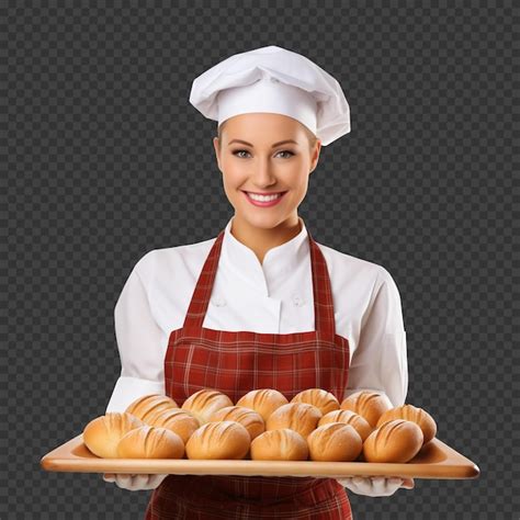 Premium Psd Female Baker Holding Tray Of Bread Isolated On