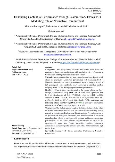 pdf enhancing contextual performance through islamic work ethics with