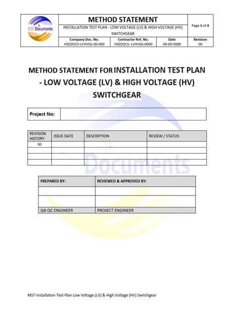 Method Statement For Installation Test Plan Lv And Hv Switchgear