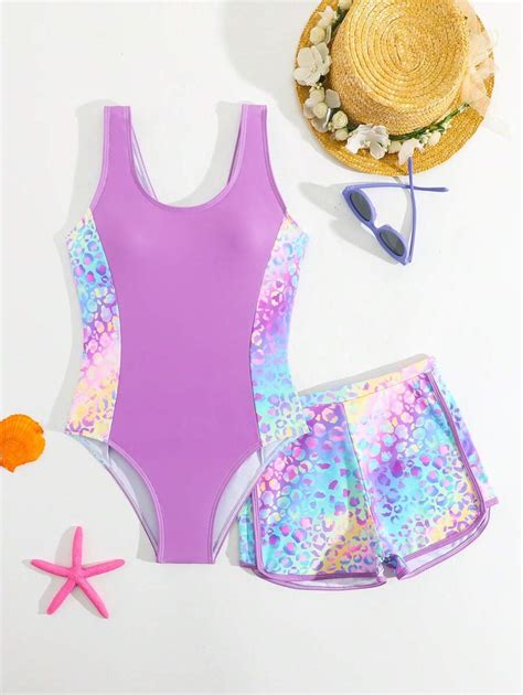 Shein Tween Girl Swimwear One Piece Swimsuit Printed 2pcs Set Summer