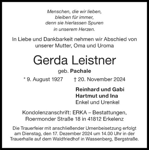 Traueranzeigen Von Gerda Leistner Aachen Gedenkt