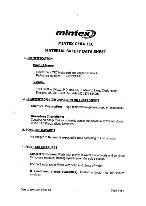 Mintex Cera Tec Brake Pad And Caliper Lubricant Msds Download
