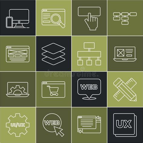 Set Line UI Or UX Design Crossed Ruler And Pencil Keyboard Layers Monitor Mobile And Site