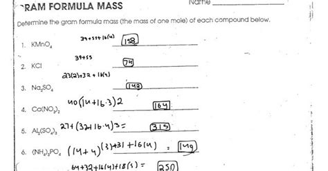 Gram Formula Mass Worksheets Answer Key