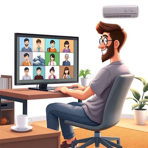 3d Cartoon Businessman In A Virtual Meeting At A Modern Workspace Stock