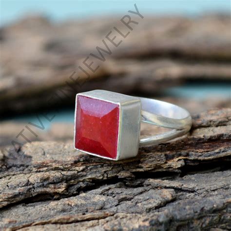 Ruby Gemstone Ring Square Cut Ruby Ring 925 Sterling Silver Ring Raw