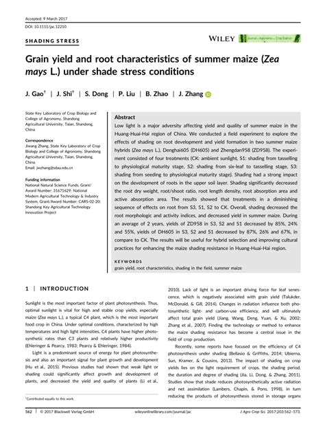 Pdf Grain Yield And Root Characteristics Of Summer Maize Zea Mays L Under Shade Stress