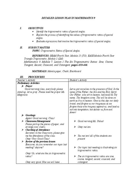 Detailed Lesson Plan In Mathematics 9 Pdf Trigonometric Functions
