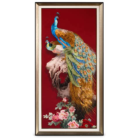 Grand Chinese Silk Embroidery Of Peacocks And Peony Frame