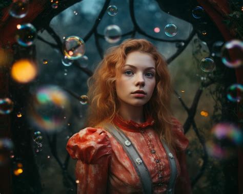 Premium Ai Image A Young Woman With Red Hair In Front Of Bubbles