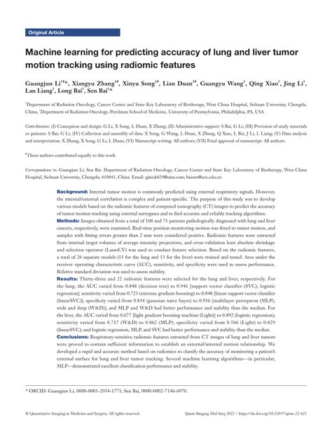 Pdf Machine Learning For Predicting Accuracy Of Lung And Liver Tumor