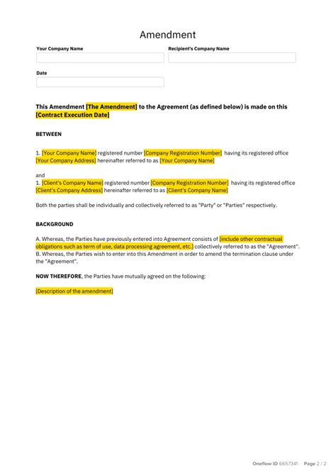 Amendment To An Agreement Template For Free Oneflow