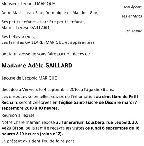 Avis De Décès De Adèle Gaillard Décédé Le 04 09 2010 à Verviers