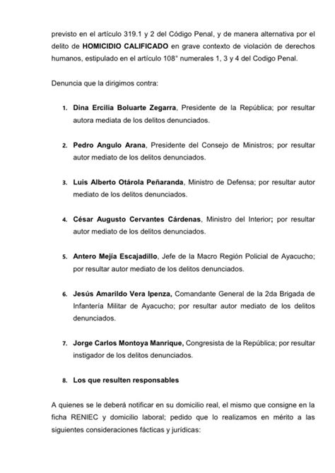 Denuncian A Dina Boluarte Pedro Angulo Y Los Ministros De Interior Y Defensa Por Los Fallecidos