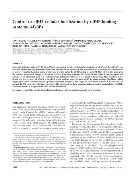 Pdf Control Of Eif4e Cellular Localization By Eif4e Binding Proteins