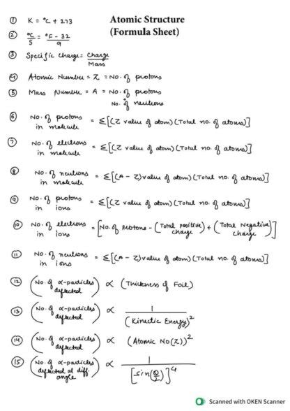 Atomic Structure Formula Sheet Std 11 Shop Handwritten Notes Shn