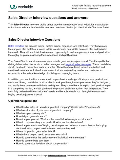 Sales Director Interview Questions Pdf Knowledge Experience