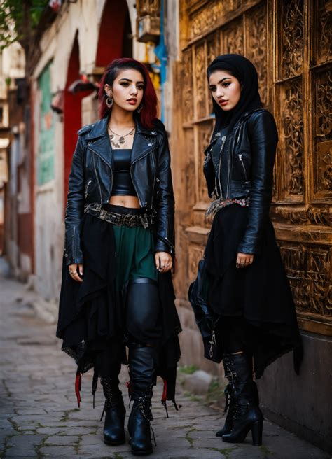 Lexica Two 20 Year Old Arab Punk Girls Wearing A Black Leather Jacket