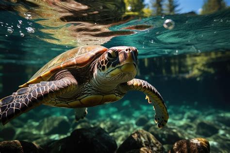Premium Ai Image Turtle In Rio Surrounded By Vegetation Generative Ia