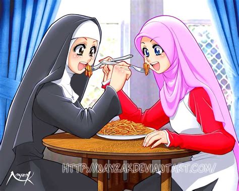Nun And Hijabi Muslimah Feeding Each Other Muslim Character Anime