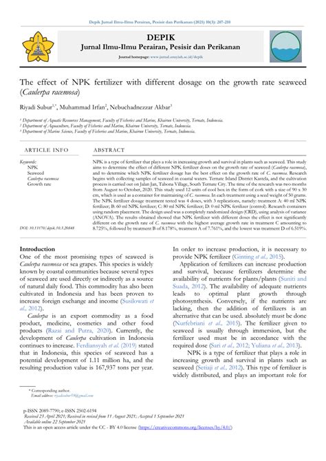 (PDF) The effect of NPK fertilizer with different dosage on the growth rate seaweed (Caulerpa ...