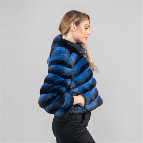 Chinchilla Fur Jacket In Blue Color With A Short Collar Efurs