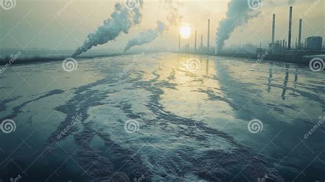 Industrial Pollution Reflection On Water Surface At Dusk Stock