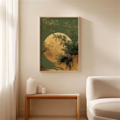 Japanese Moon Landscape Poster Print Green And Gold Wall Art