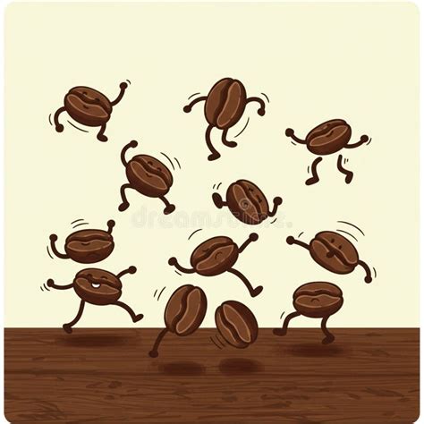 Cartoon Illustration Featuring Dancing Coffee Beans With Animated Expressions Stock Illustration