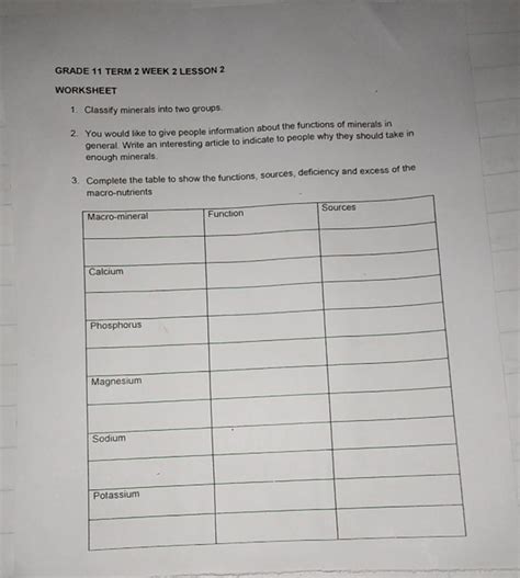 Grade 11 Term 2 Week 2 Lesson 2 Worksheet Classify Minerals Into Two Grou