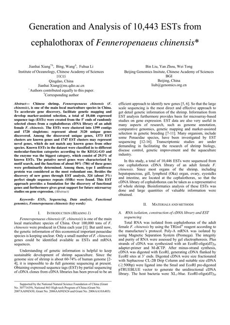 Pdf Generation And Analysis Of 10443 Ests From Cephalothorax Of