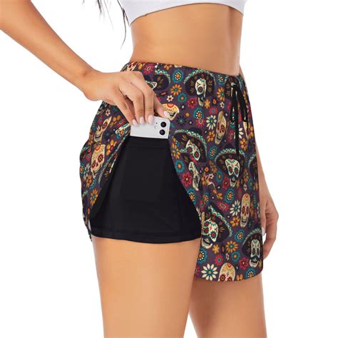 Derioi Skulls And Flowers For Womens Double Layer Sports Shorts With