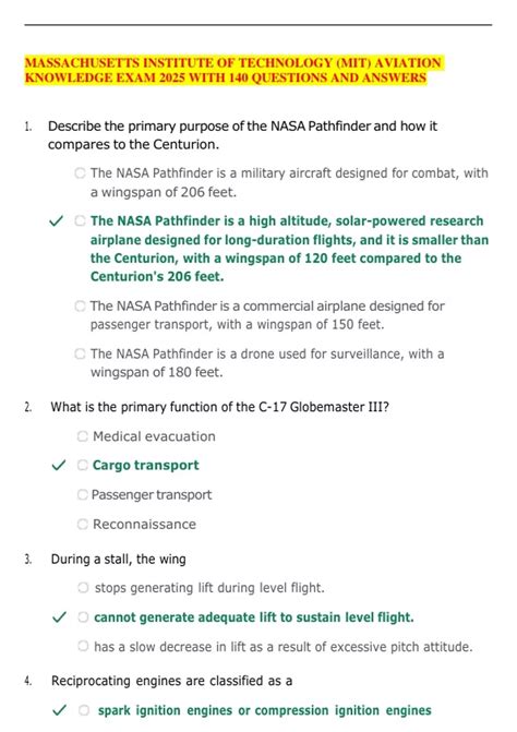 Massachusetts Institute Of Technology Mit Aviation Knowledge Exam 2025 With 140 Questions And