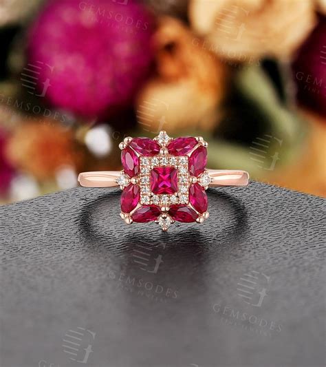Princess Cut Lab Ruby Engagement Ring Rose Gold Antique Halo Design Red
