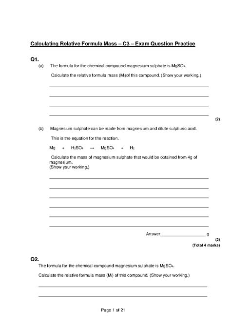 Calculating Mass Exam Questions Calculating Relative Formula Mass