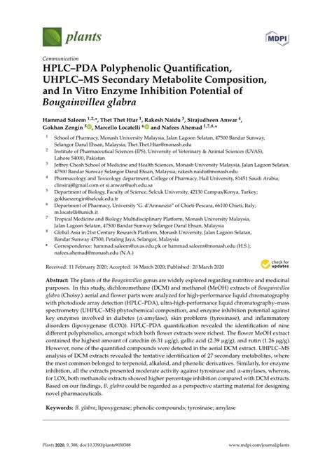 Pdf Hplcpda Polyphenolic Quantification Uhplcms Secondary Metabolite Composition And In