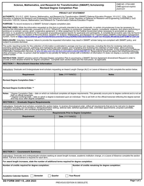Dd Form 3067 15 Smart Scholarship Revised Degree Completion Plan Dd Forms