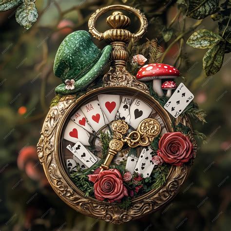 Alice In Wonderland Themed Pocket Watch Premium Ai Generated Image