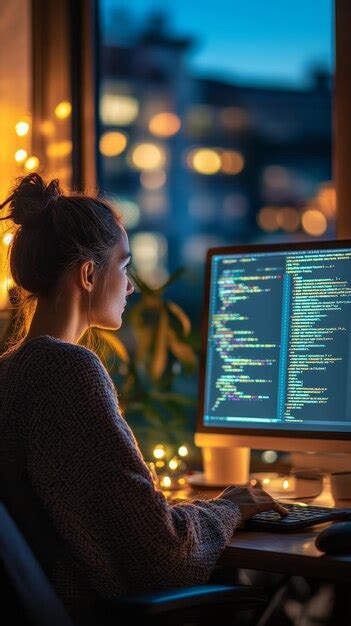 Female Programmer Coding At Night With Illuminated Cityscape View