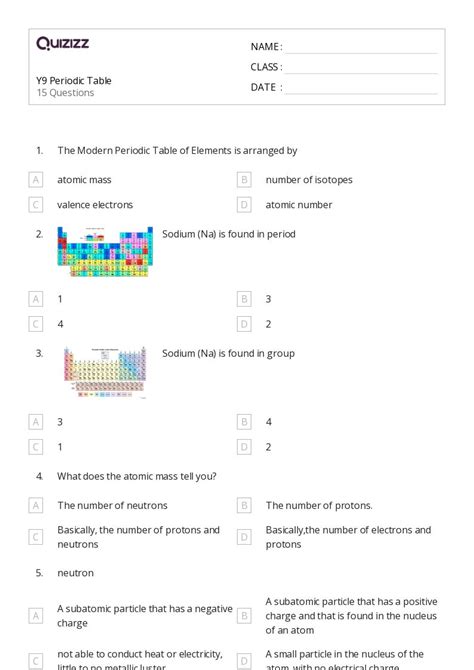 50 Periodic Table Worksheets For 9th Year On Quizizz Free And Printable