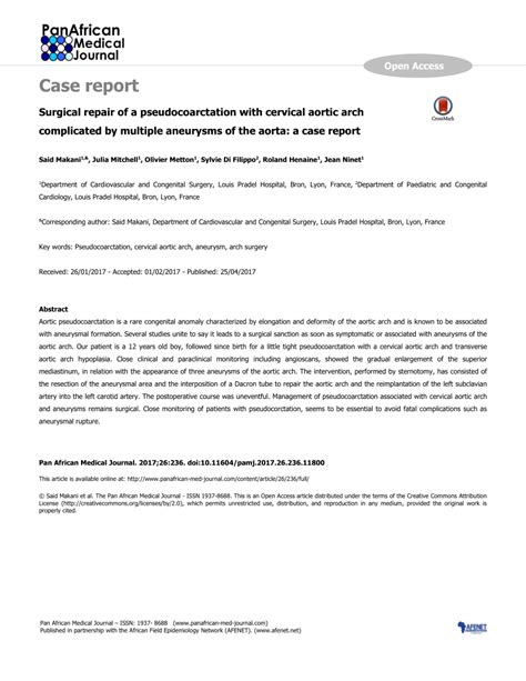 Pdf Surgical Repair Of A Pseudocoarctation With Cervical Aortic Arch