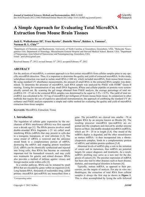 Pdf A Simple Approach For Evaluating Total Microrna Extraction From